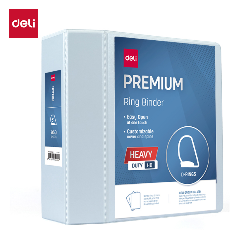 Deli Bulk Heavy Duty View 3 Ring Binder, 5" D Rings, White